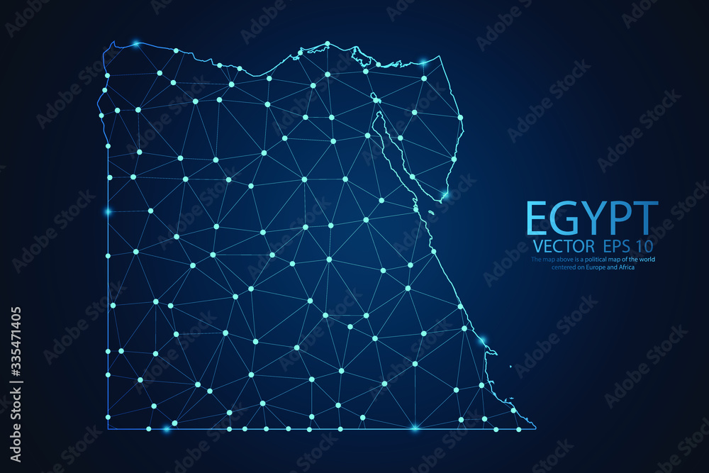 Abstract mash line and point scales on dark background with map of ...