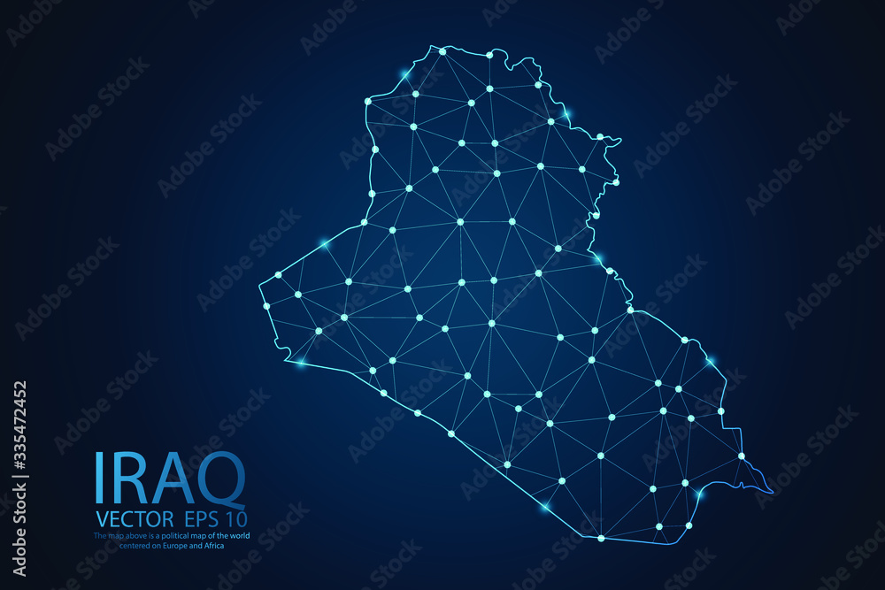 Abstract mesh line and point scales on dark background with map of Iraq ...