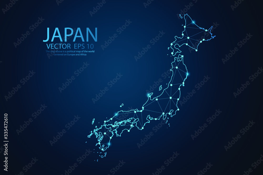 Abstract mesh line and point scales on dark background with map of ...