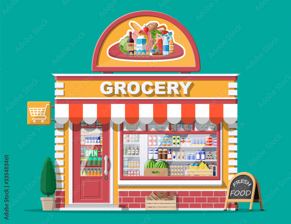 Grocery store front with window and door. Wooden and brick facade ...