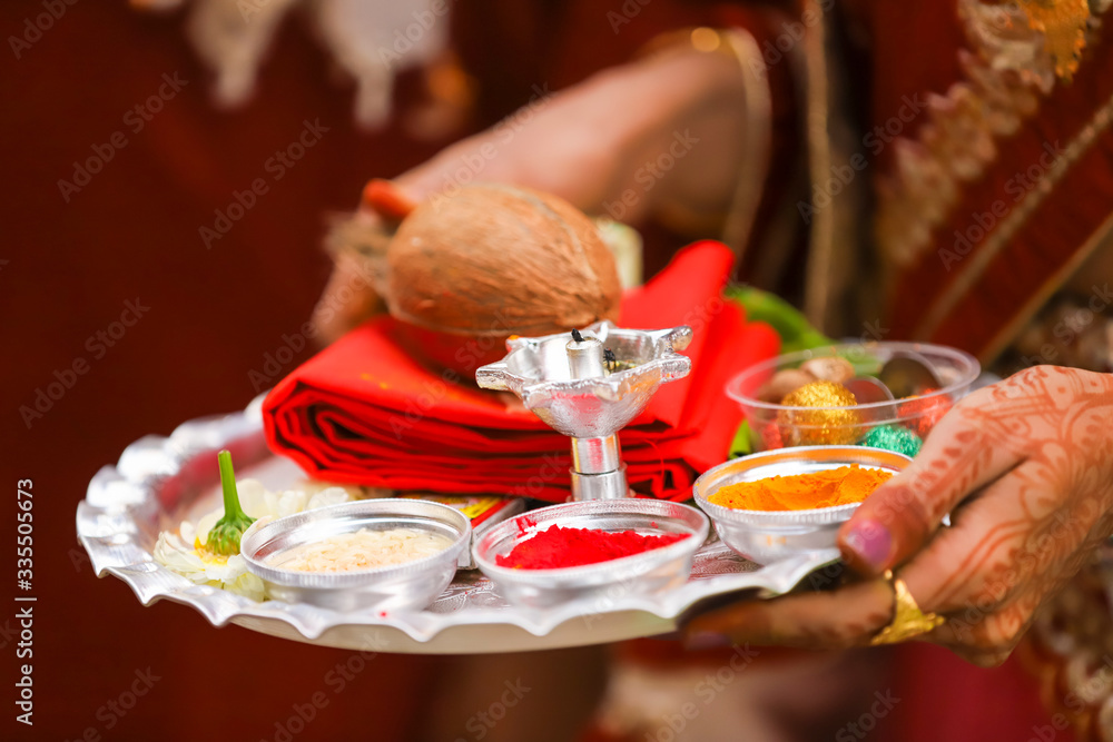 Indian traditional wedding ceremony : Decorative puja thali Stock Photo ...