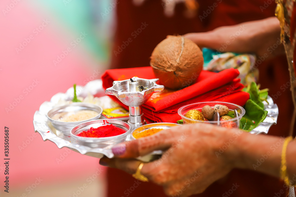 Indian traditional wedding ceremony : Decorative puja thali Stock Photo ...