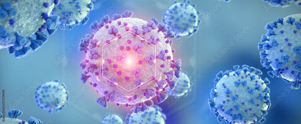 Microscopic close-up of the covid-19 disease. Coronavirus illness ...