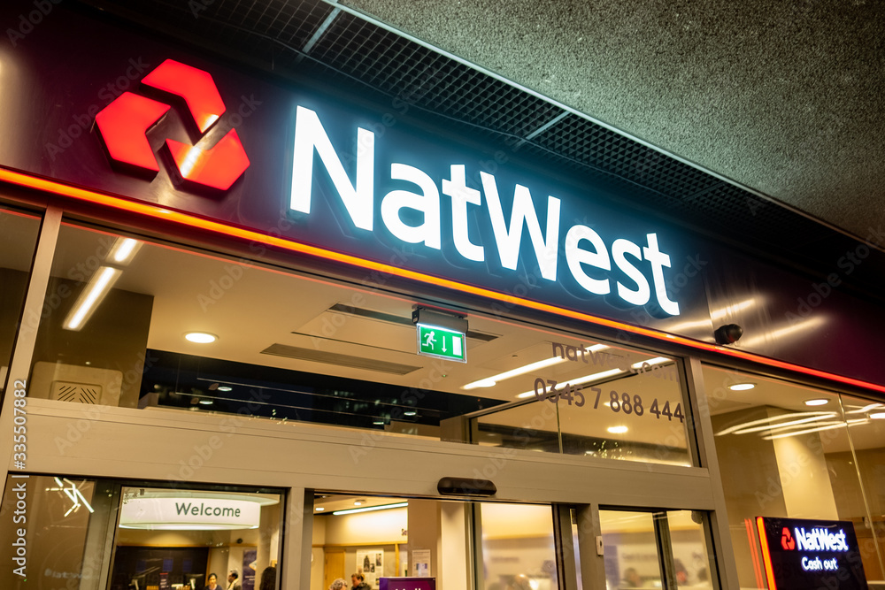 LONDON- DECEMBER, 2019: Natwest high street bank exterior Logo. Large ...
