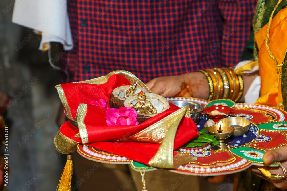 Indian traditional wedding ceremony : Decorative puja thali Stock Photo ...