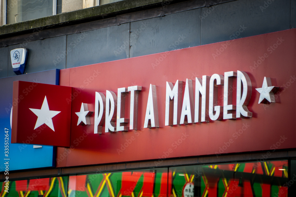 LONDON- FEBRUARY, 2019: Pret A Manger sign, a British high street cafe ...