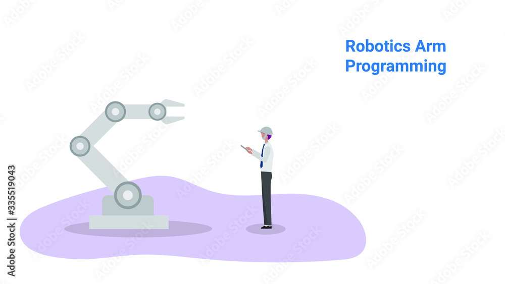 Engineer is testing a robotics arm program. Mechanical hand. Industrial ...