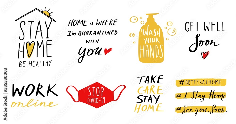 Coronavirus, Covid-19 vector hand drawn quotes set, Stay Home , stay ...