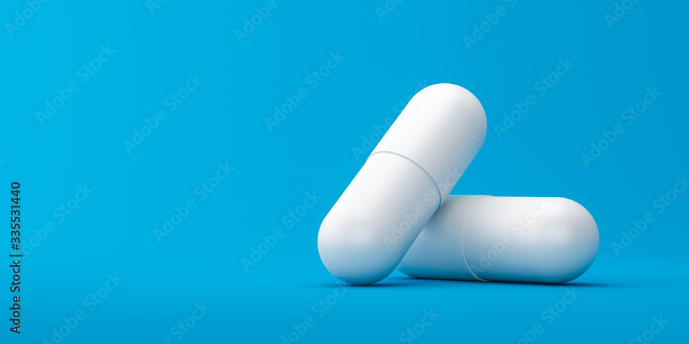 White capsule or painkillers with a pharmacy on a medical background ...