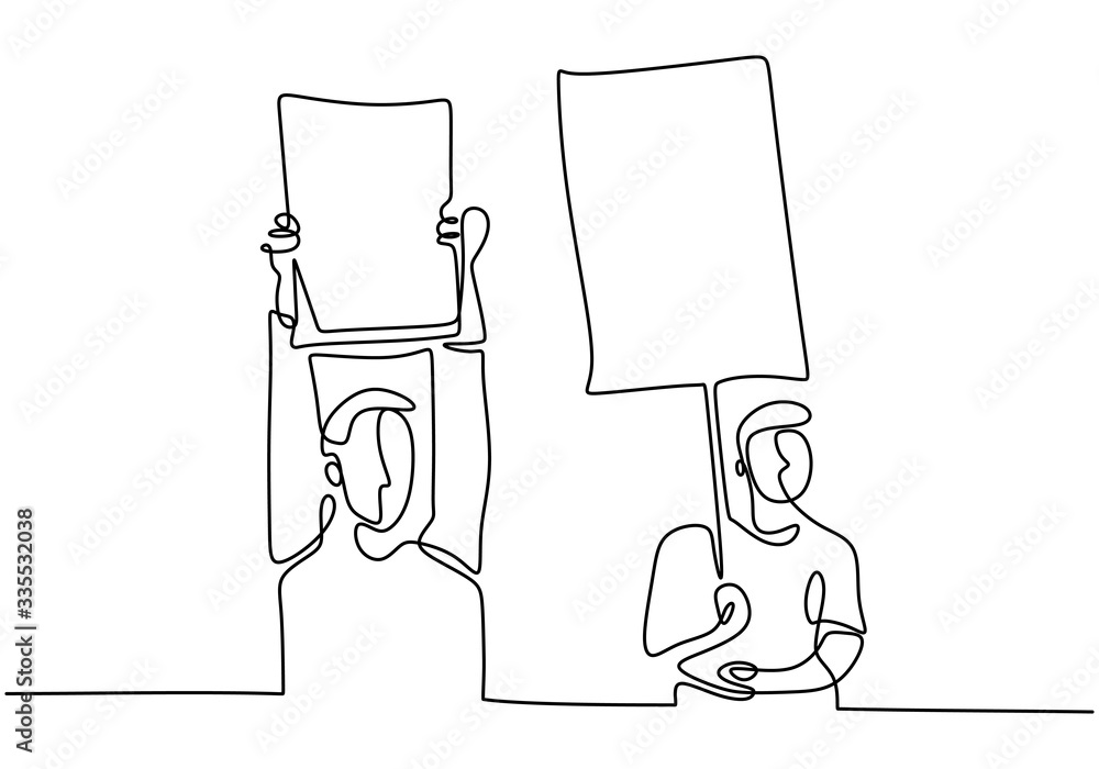 Continuous one line drawing. Protesters crowd simple black and white ...