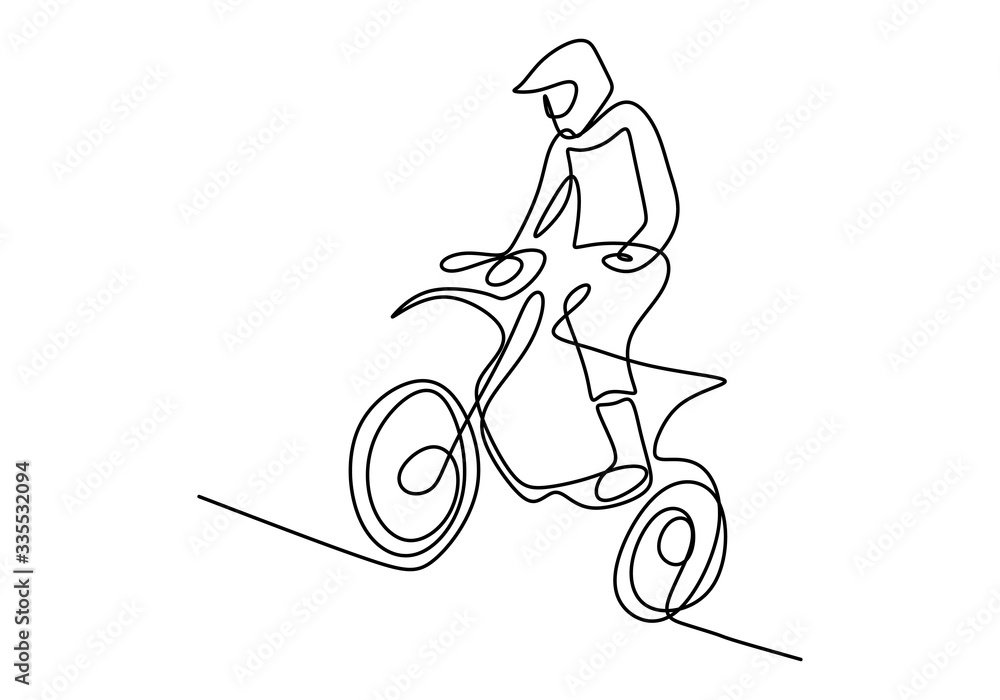 Single continuous line drawing of young motocross rider climb the hill ...