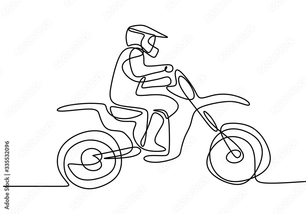 Single continuous line drawing of young motocross rider climb the hill ...