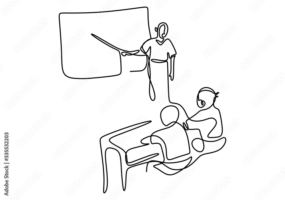 Single continuous line drawing of teacher explain something and giving ...