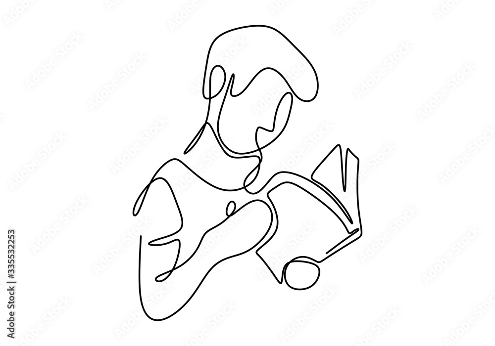 Continuous one line drawing of people sitting and reading a book. Young ...