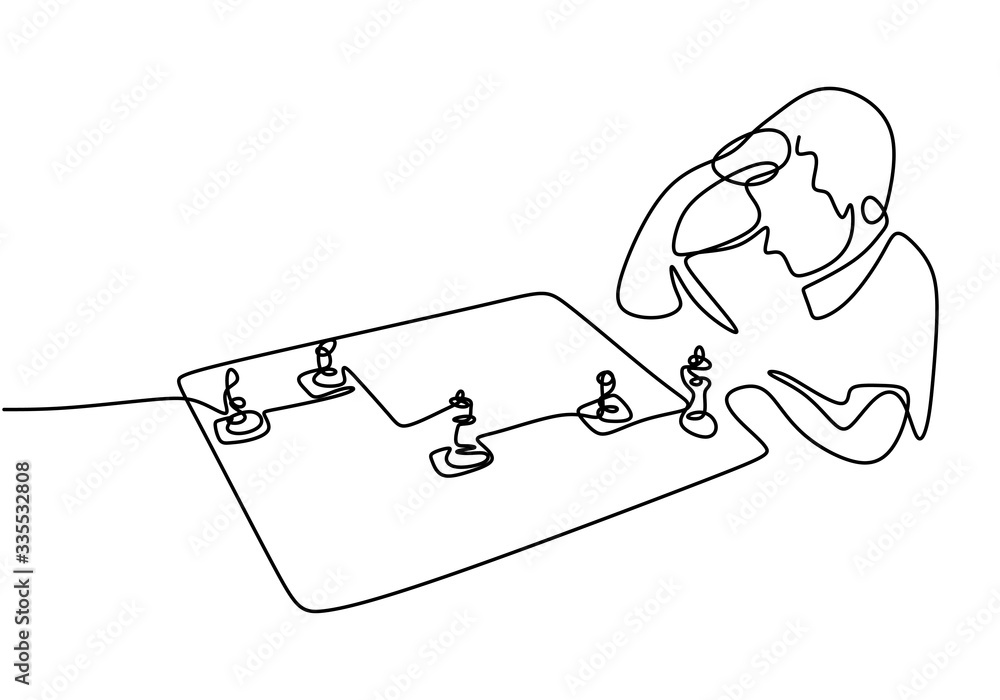 Continuous one line drawing of two people playing chess. Focus to ...