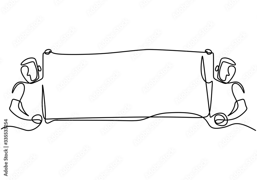 Continuous one line drawing two man holding blank signboard ...