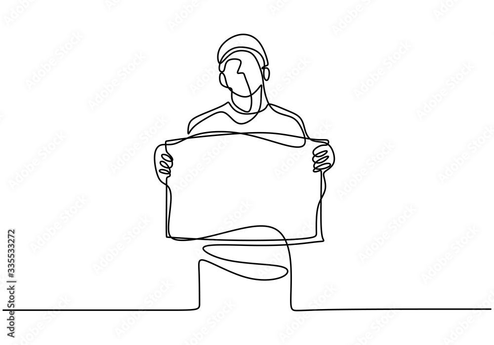 A man holding a blank paper roll. continuous one line drawing, vector ...