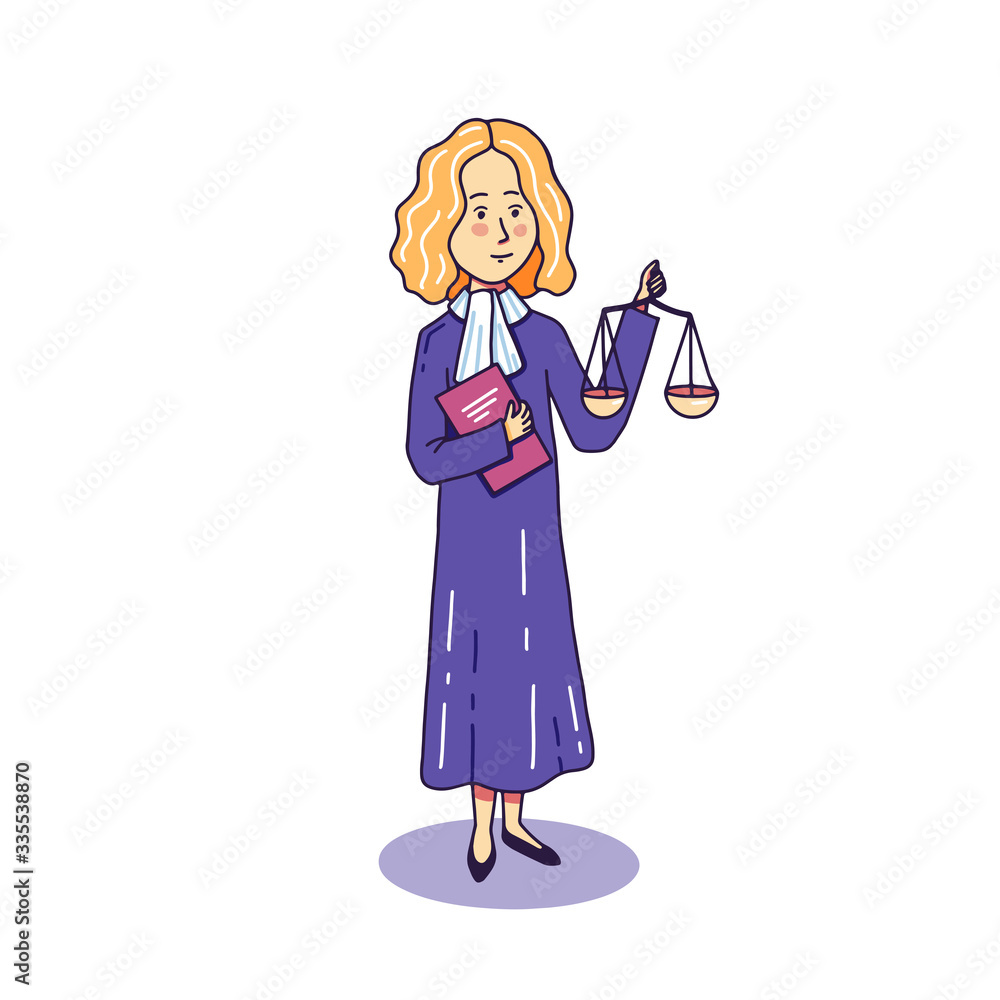 A cute girl or woman judge in the mantle stands and holds in his hands ...