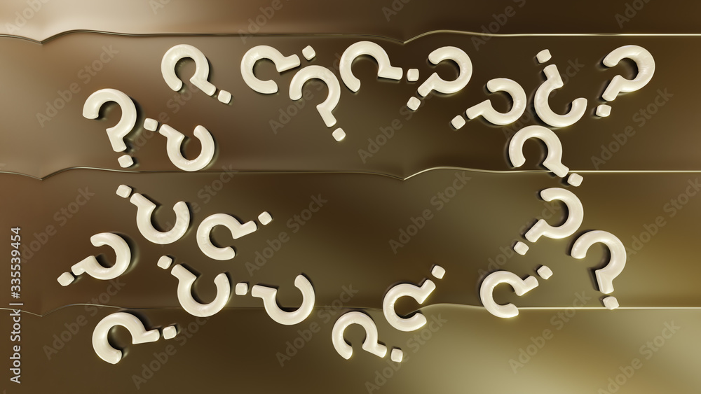 Lots of White Question Mark put on a Golden Metallic surface with small ...