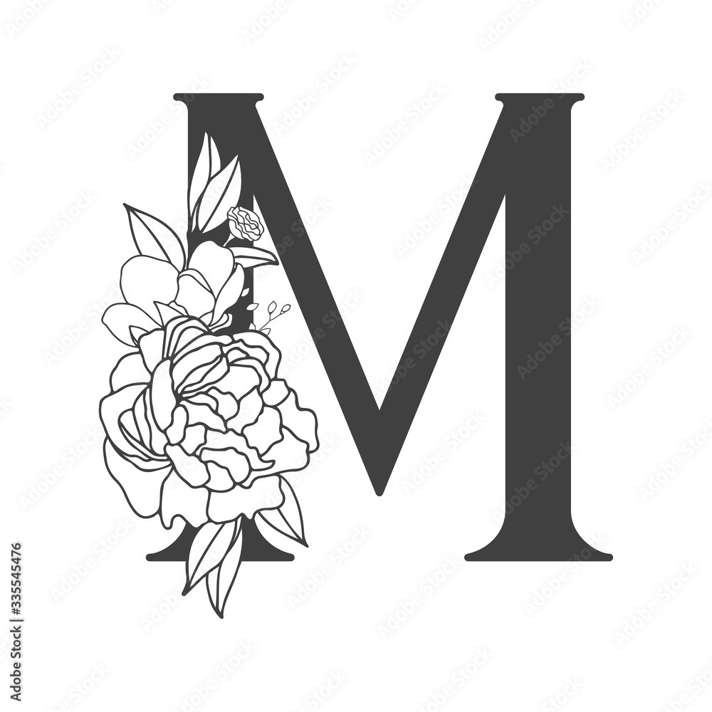 Vector flower alphabet. Floral design of letter M. Decoration of ...
