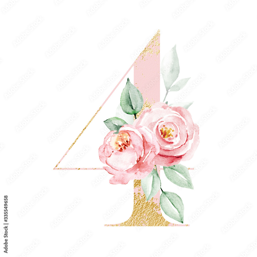Number 4 gold with watercolor flowers pink roses and leaf. Hand ...