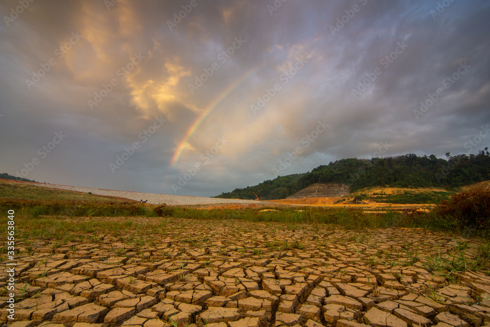 Crack dry land in Mengkuang dam, Penang, Malaysia during drought period ...