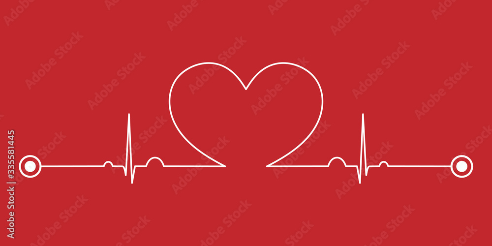 Normal electrocardiogram (ECG ,EKG) pattern with heart shape on red ...