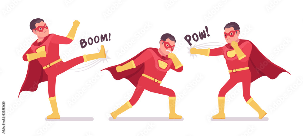 Male super hero in classic red costume fighting poses. Strong brave ...