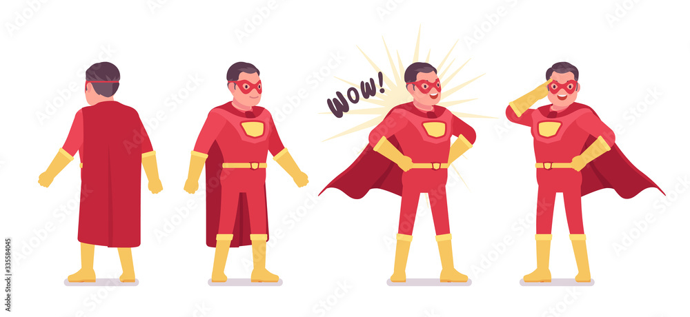 Male super hero in classic red costume. Heroic strong brave warrior ...