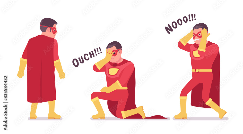 Male super hero in classic red costume negative emotions. Heroic strong ...