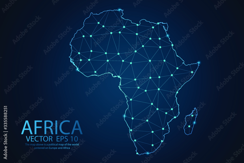 Abstract mash line and point scales on dark background with map of ...