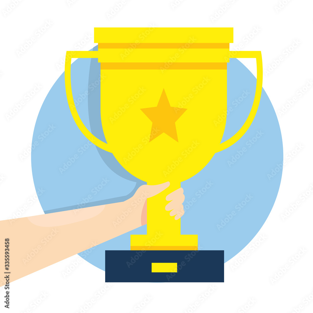 Modern vector illustration of Golden trophy cup in businessman hand ...