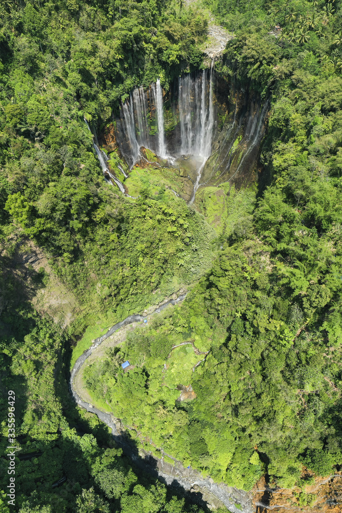 View from above, stunning aerial view of the Tumpak Sewu Waterfalls ...