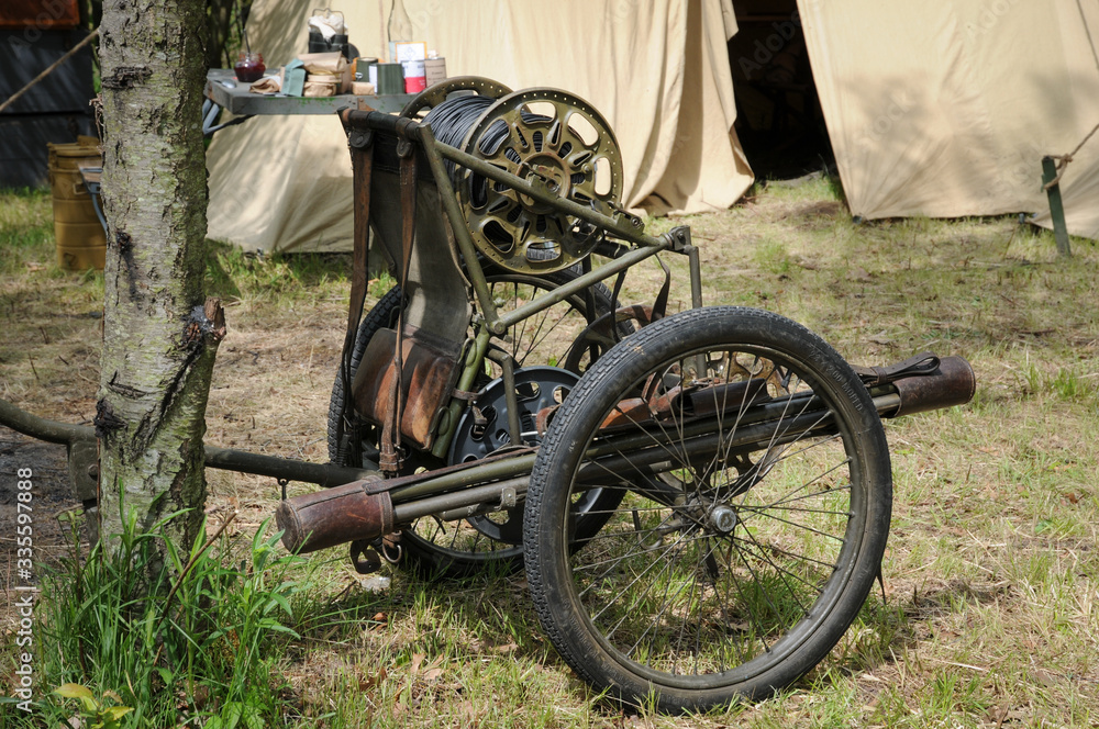 WWII German army field communication cable reel carriage at camp in ...