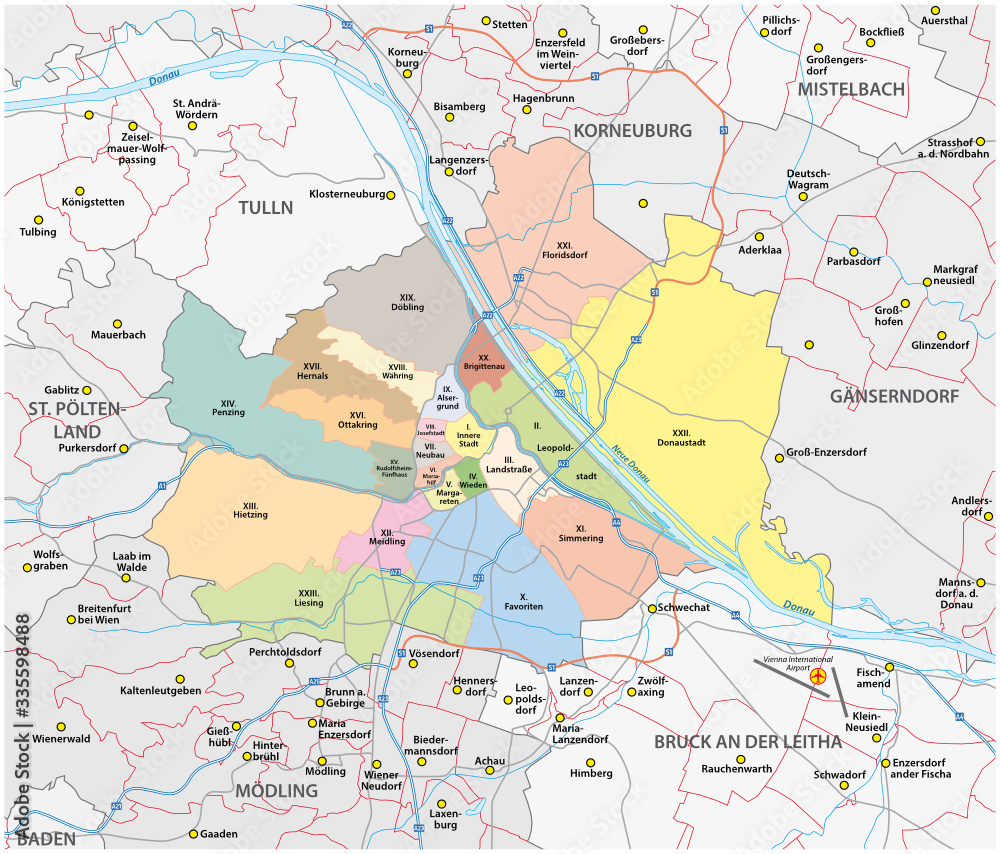 road and administrative vector map of the city of vienna and its ...