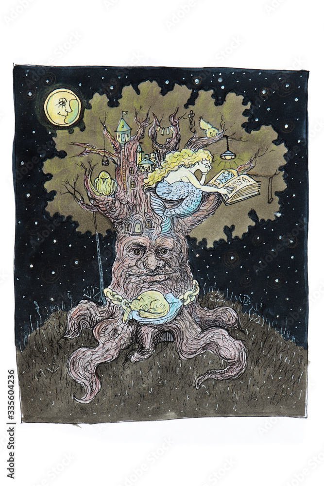 A drawing of a magic oak tree with a chain, powerful roots and a mermaid sitting on branches and ...