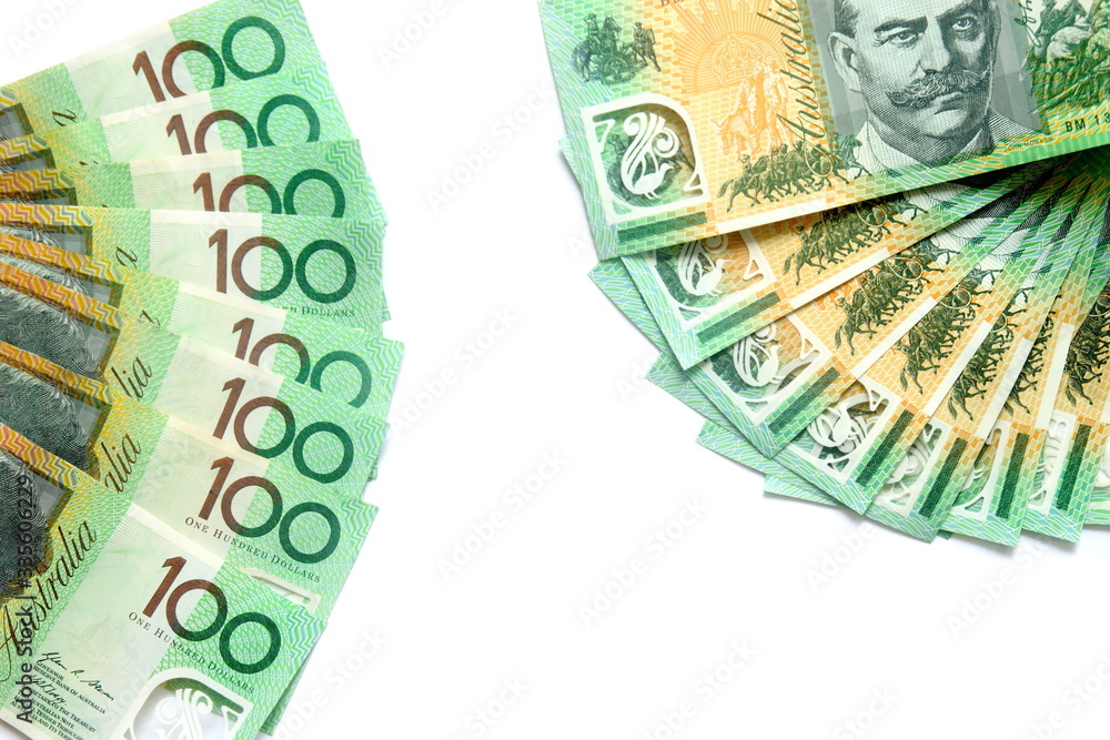 group of 100 dollar Australian notes on white background have copy ...