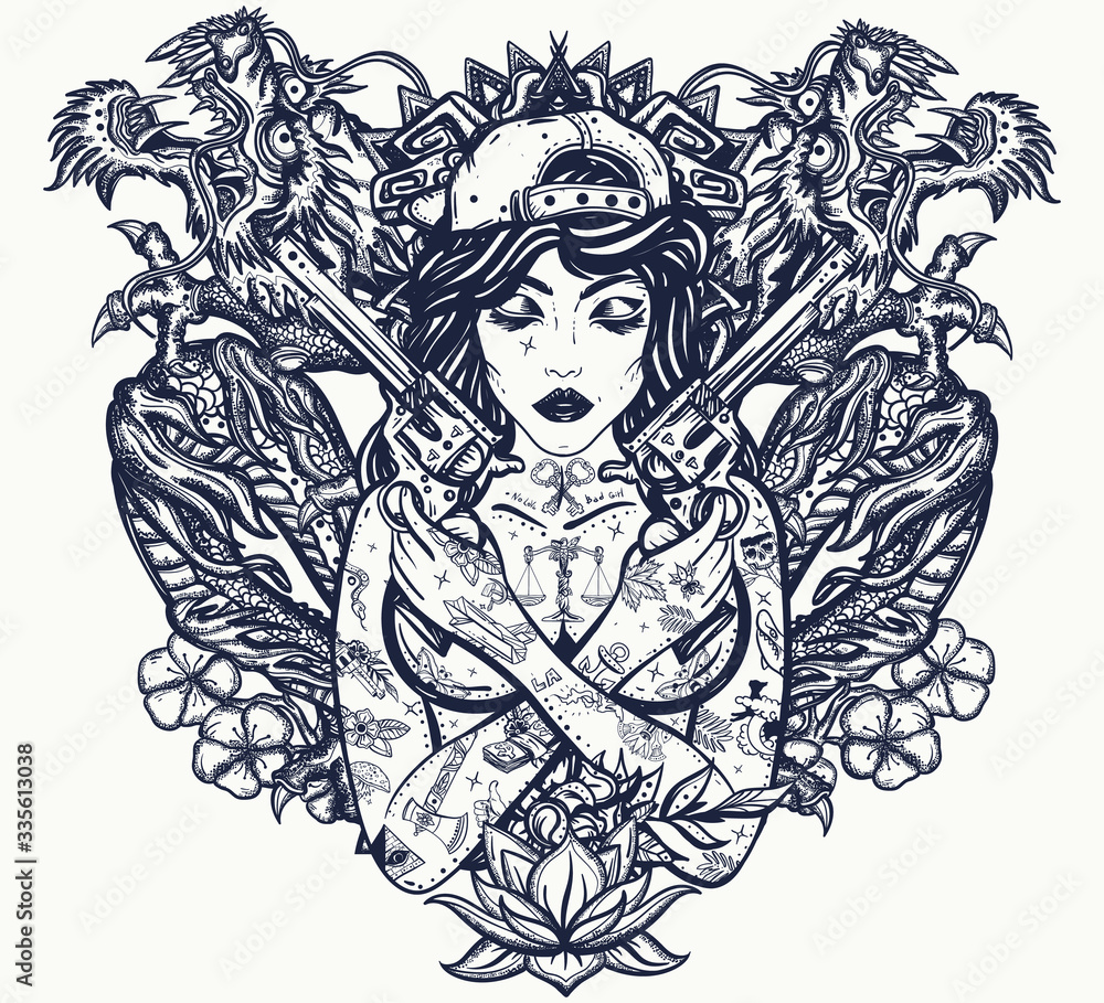 Bad girl and dragons. Chicano art. Favela art. Criminal asian style ...