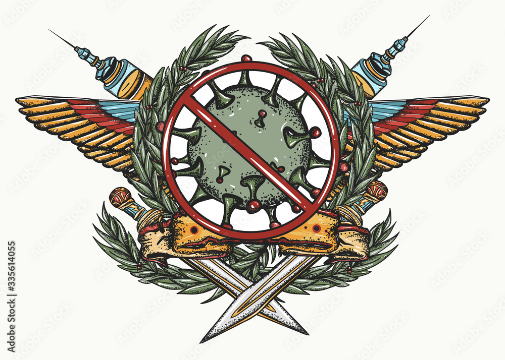 Stop coronavirus. Virus, golden wings, swords and crossed syringes ...