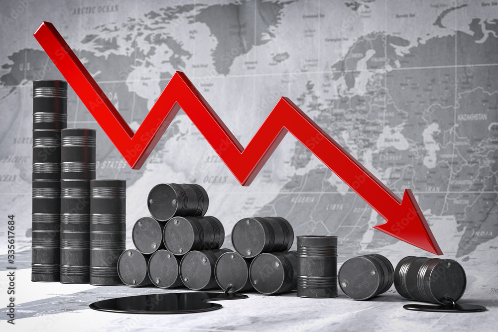 Crisis in oil and petroleum ndustry. Oil barrels and falling graph on ...