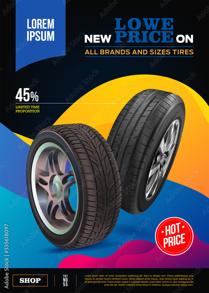 Tire vector. Vector automotive banner template. Black rubber ...