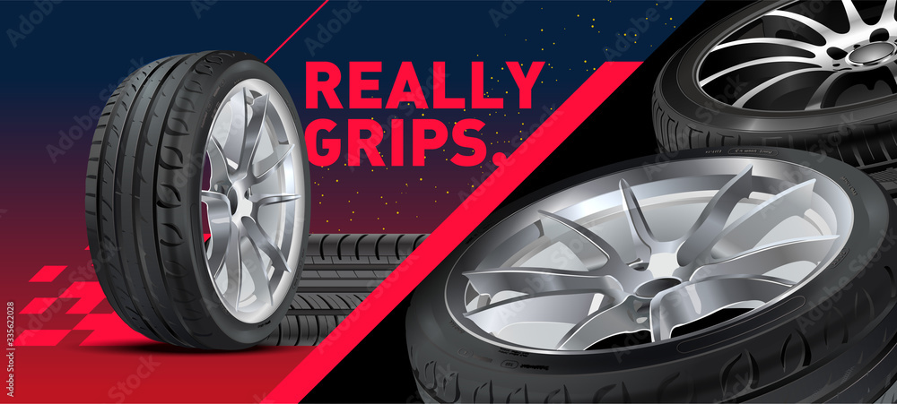 Tires car advertisement poster. Black rubber tyre. Realistic vector ...