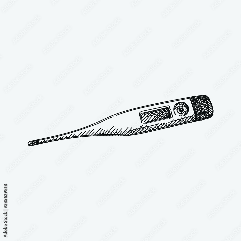 Hand-drawn sketch of digital thermometer. Medical tools. First aid ...