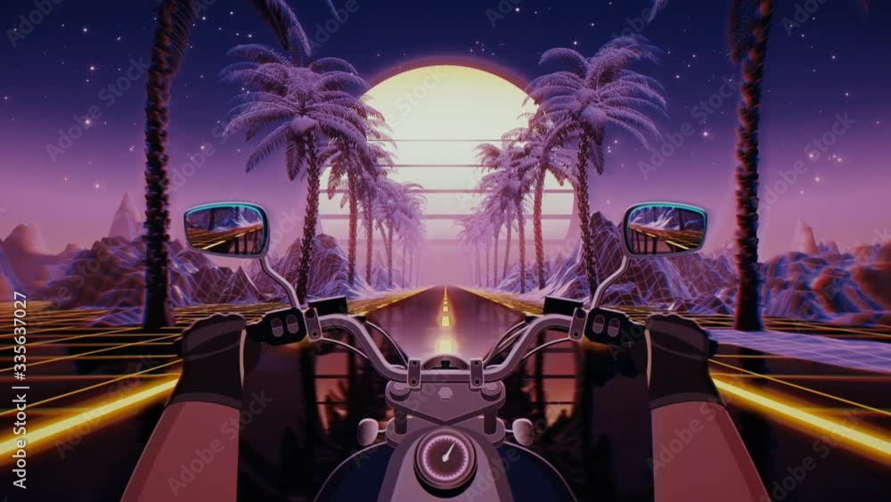 80s retro futuristic sci-fi seamless loop with motorcycle pov. Riding ...