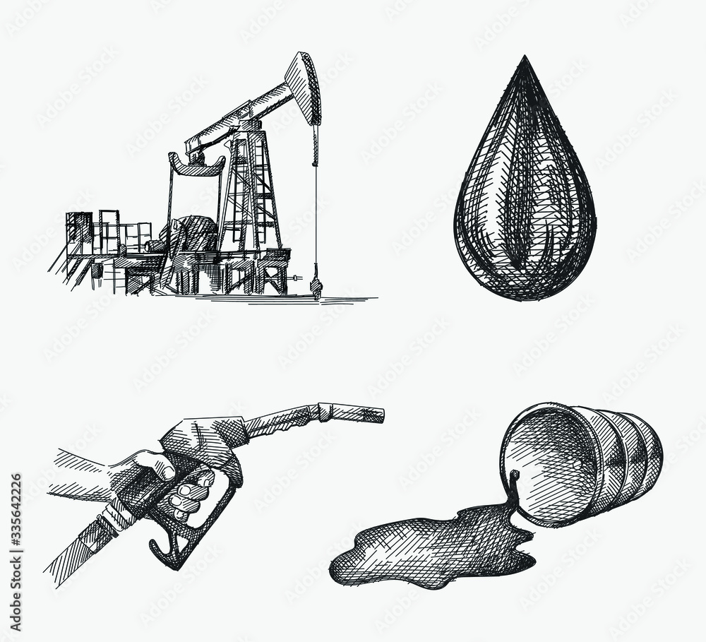 Hand-drawn set of oil industry attributes. Set includes hand holding a ...