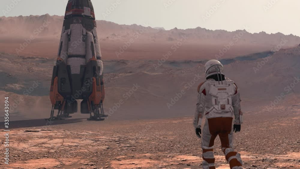 Astronaut wearing space suit walking on the surface of mars. Exploring mission to mars ...