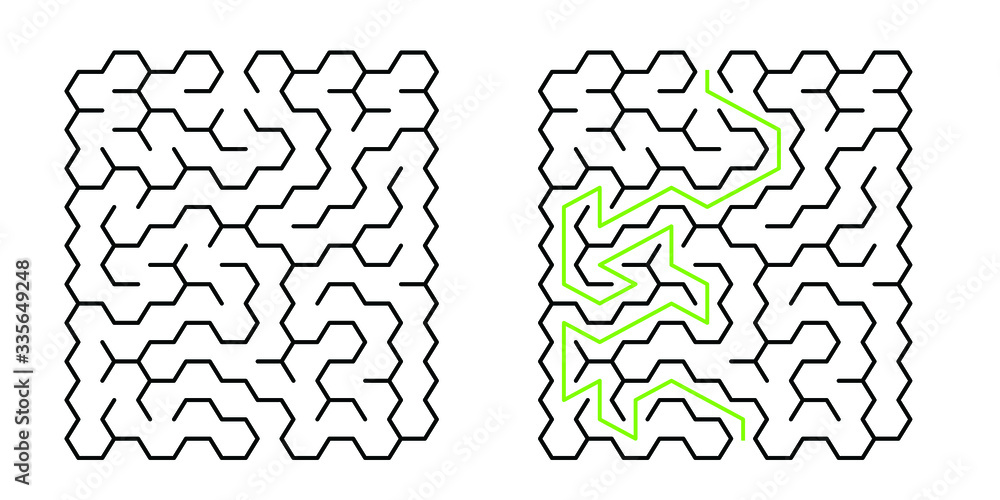 A 10x10 rectangular maze with hex cells and solution Stock Vector ...