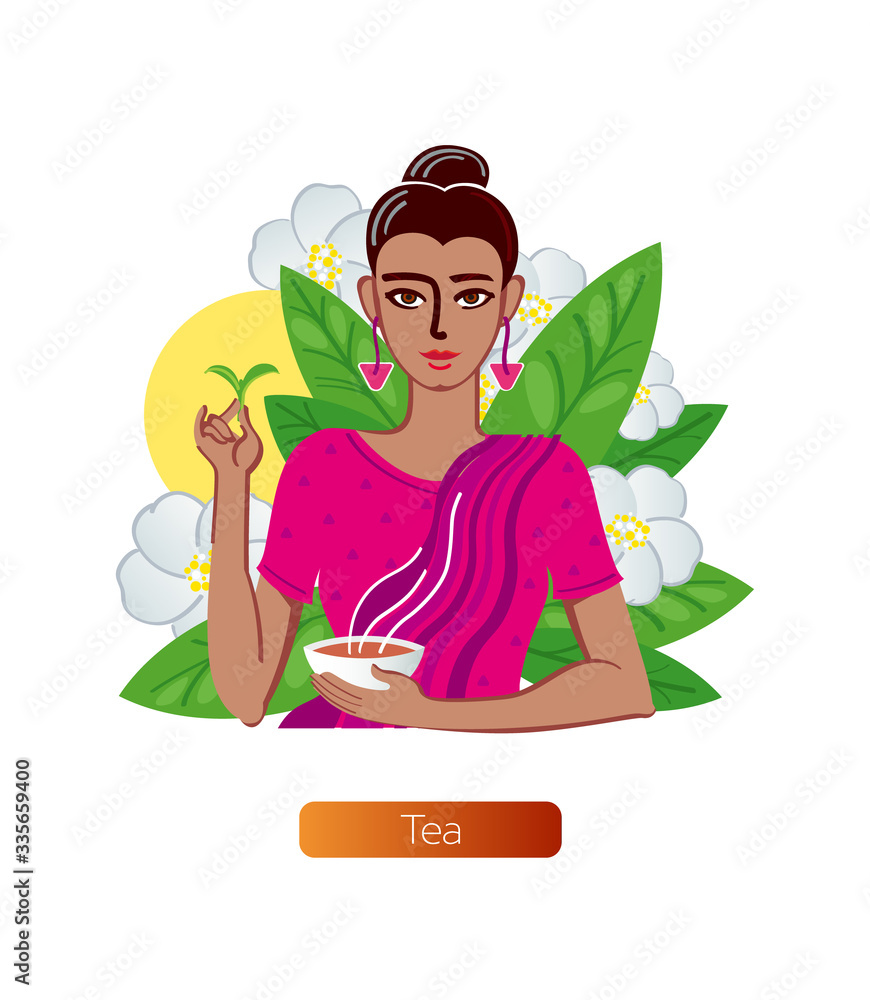 Color graphic drawing of character, women - picker of Indian tea ...