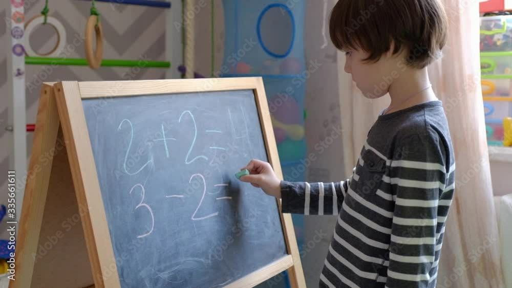 Studying at home. The kid learns to count numbers on the board ...