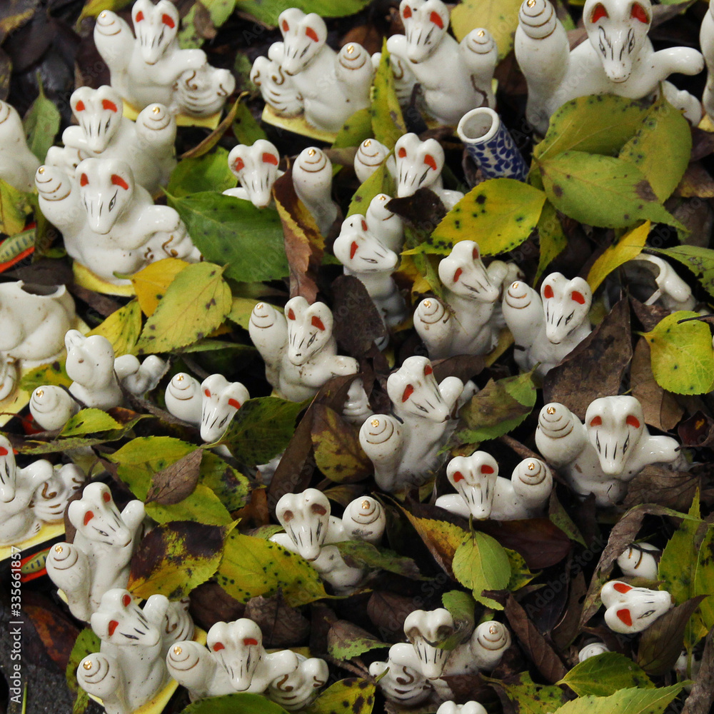 Sacred fox statuettes in an old japanese shinto shrine in Kamakura ...